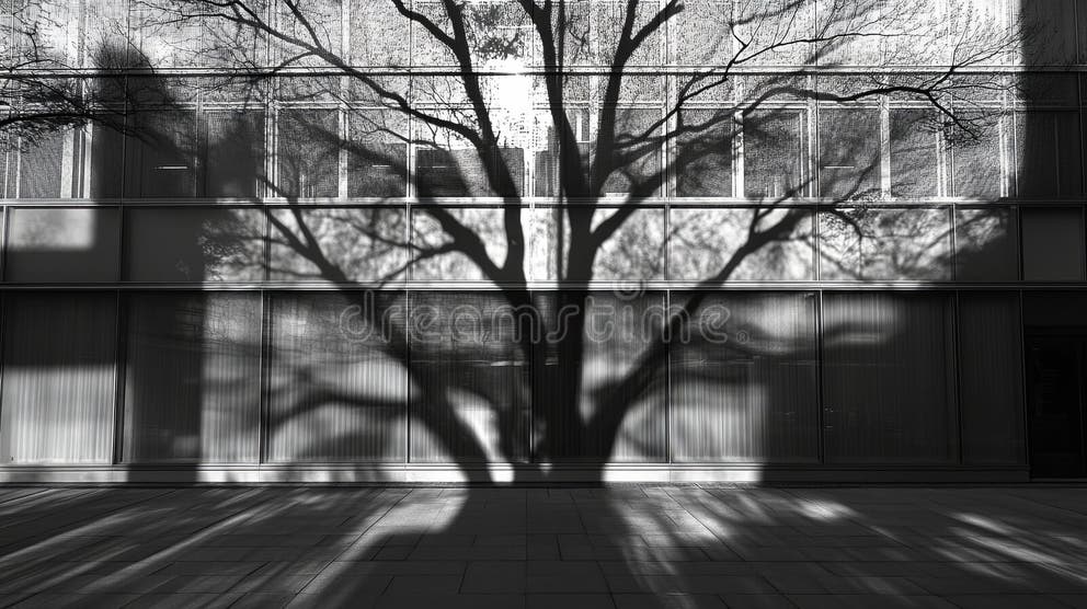 An Intricate Shadow of a Tree Cast on a Modern Building, Soft Light ...