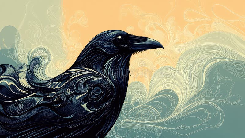 Intricate Silhouette of a Raven or Crow with Detailed Feather Patterns ...