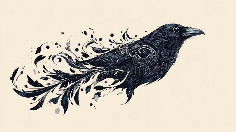 Intricate Silhouette of a Raven or Crow with Detailed Feather Patterns ...