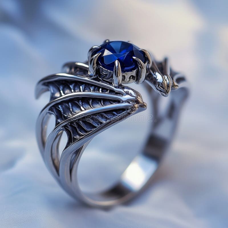 Intricate Silver Dragon Ring with Sapphire Blue Gemstone on Silk ...