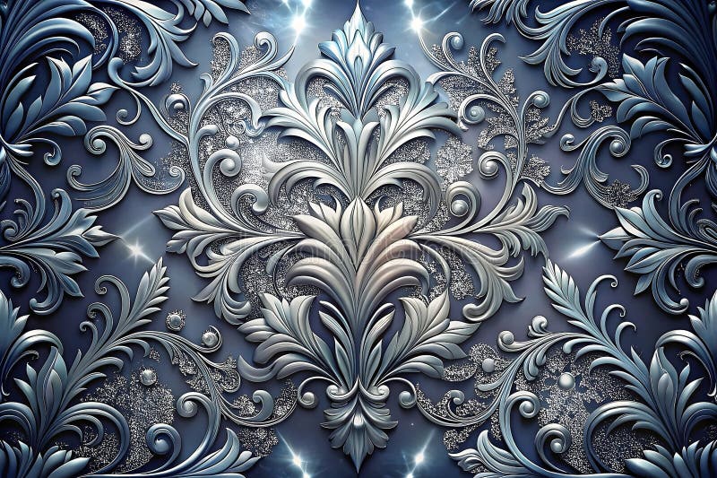 Intricate Silver Floral Pattern on Dark Blue Background Stock ...
