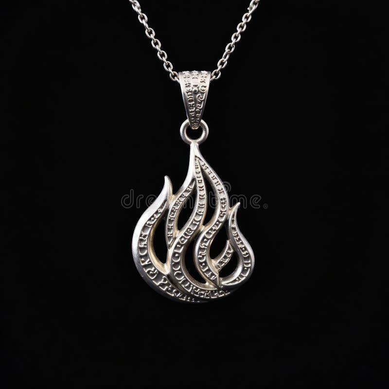 Intricate Silver Pendant, Textured Flame Design, Delicate Chain, Black ...
