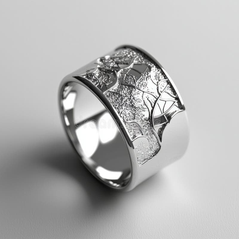 Intricate Silver Ring with Nature-inspired Engravings on Matte ...