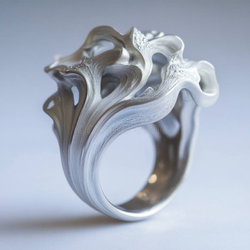 Intricate Silver Sculptural Ring Design with Organic Flowing Patterns ...