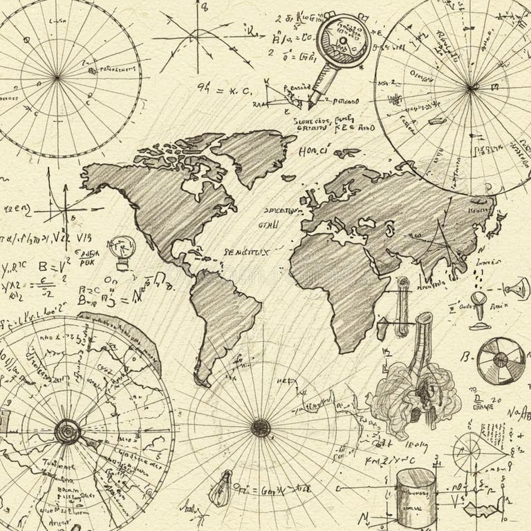 Intricate Sketch Featuring a World Map Surrounded by Complex ...