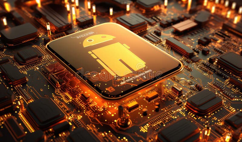 Intricate Smartphone Circuit Board Artwork in Bronze and Amber Tones ...