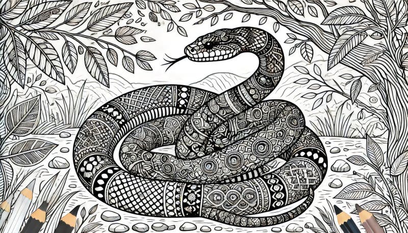 Intricate Snake Coloring Page with Landscape Background Featuring ...
