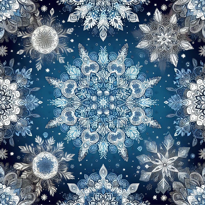 Intricate Snowflake Pattern on Deep Blue Background Stock Illustration ...