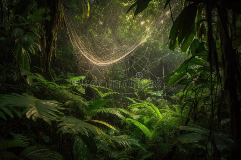 Intricate Spiderweb, Hanging between the Leaves of a Lush Jungle Canopy ...