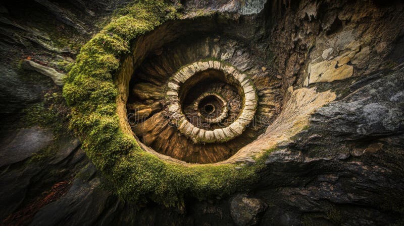 Intricate Spiral Pattern in Aged Wood with Green Moss Stock ...