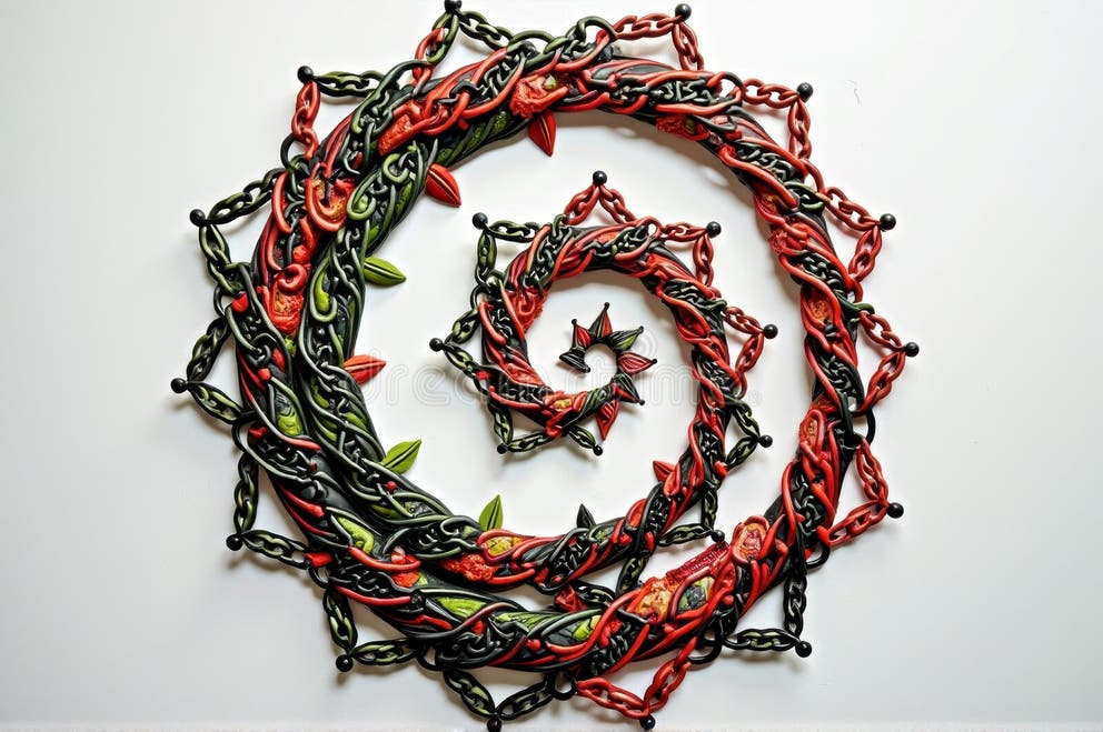 Intricate Spiraling Red and Black Decorative Wreath with Leaf Patterns ...
