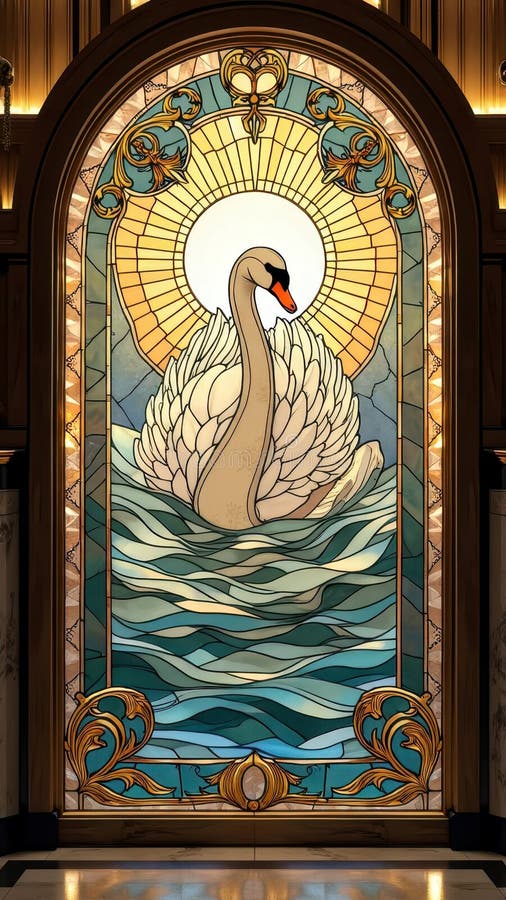 Intricate Stained Glass Art Featuring Majestic Swan in Illuminated ...