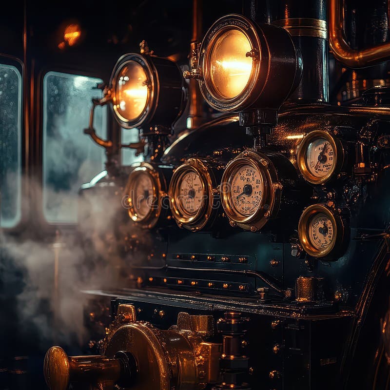 Intricate Steam Engine Control Panel with Vintage Gauges and Lights ...