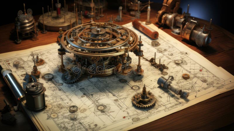 Intricate Steampunk Machine on Vintage Engineering Blueprints Stock ...
