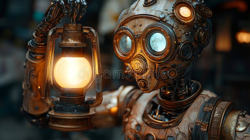 Intricate Steampunk Robot Holding a Glowing Lantern in an Industrial ...