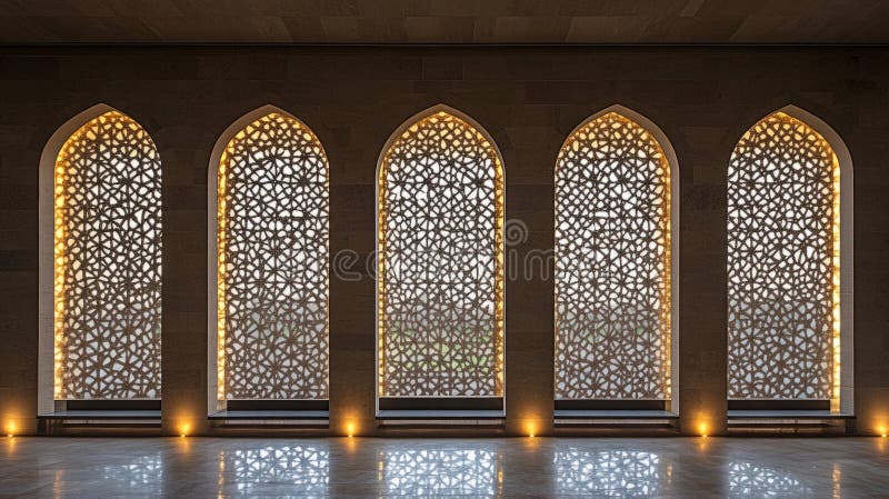 Intricate Stone Arches with Illuminated Patterns in a Serene Interior ...