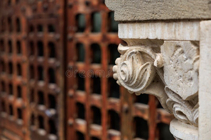 Intricate Stone Carving on Ancient Rustic Metal Gate Stock Image ...