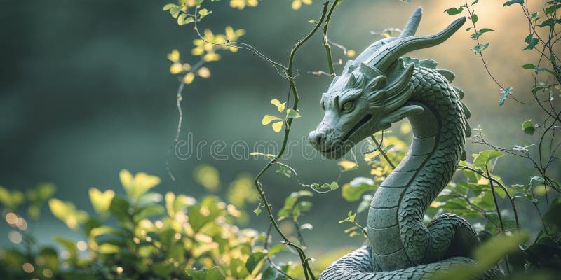 Intricate Stone Sculpture of a Mythical Creature among Lush Greenery ...