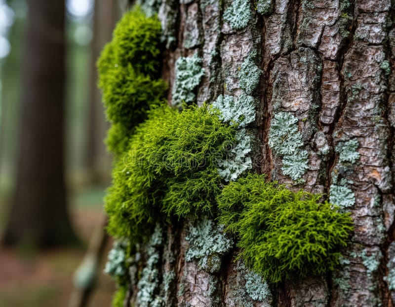 Intricate Structure of Green Lichen Growing on Tree Bark, with Detailed ...