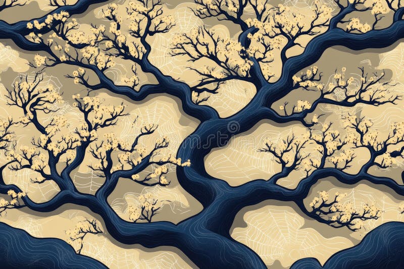 Intricate Blossoming Branches and Spiderwebs, Elegant Nature Design ...