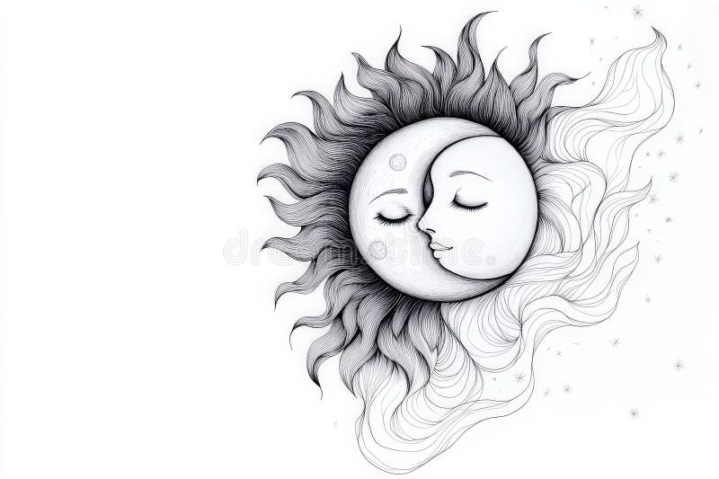 Intricate Sun and Moon Design with Harmonious Faces in Black and White ...