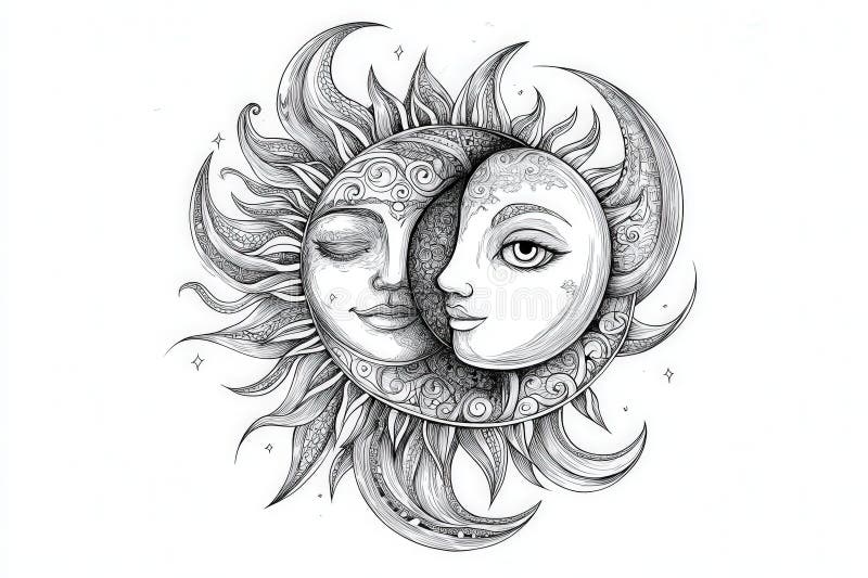 Intricate Sun and Moon Ink Art with Detailed Patterns and Celestial ...