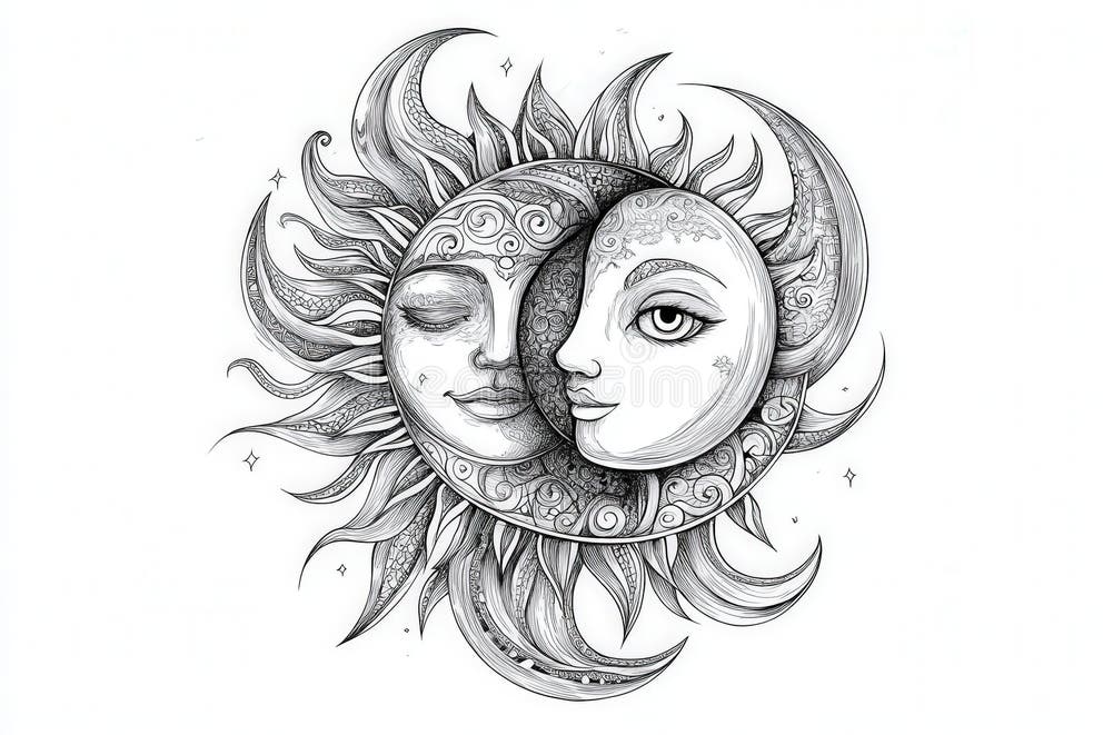 Intricate Sun and Moon Ink Art with Detailed Patterns and Celestial ...