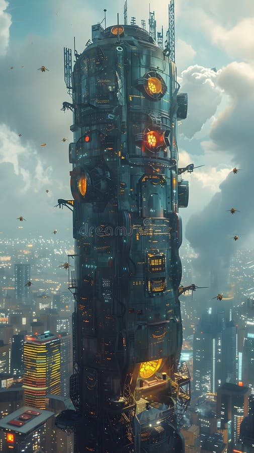 Intricate Surveillance Tower Overlooking a Futuristic Metropolis Stock ...