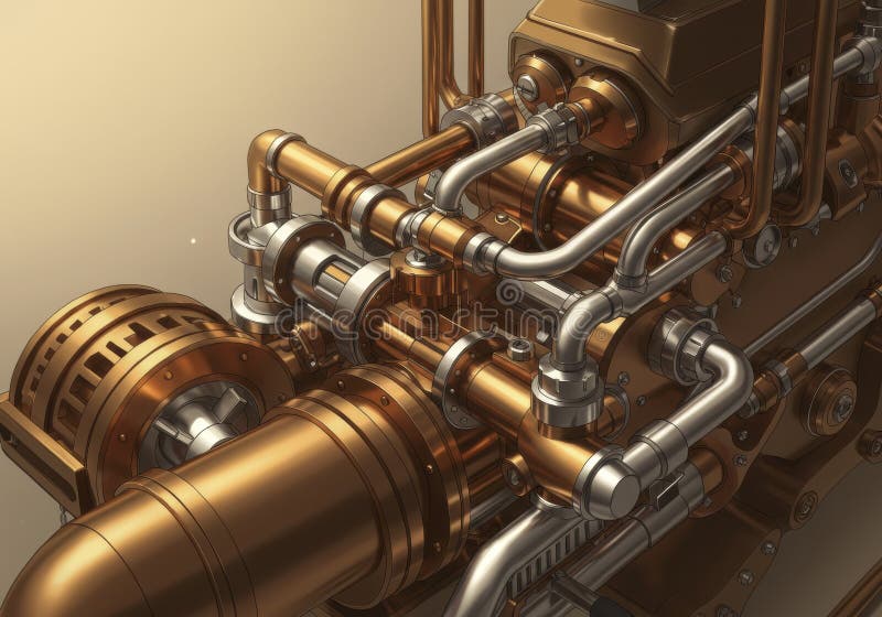 Complex Mechanical System with Pipes and Gears, Copper and Silver Tones ...