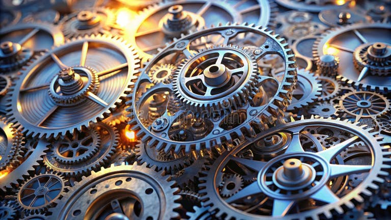 Intricate System of Interlocking Metal Gears Rotating in ...