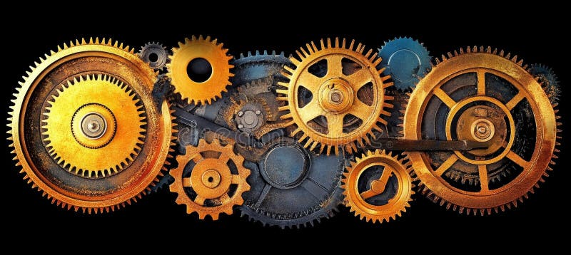 Intricate System of Interlocking Metallic Gears and Cogs Isolated on a ...