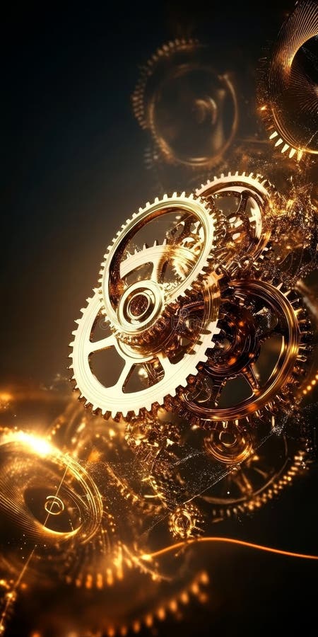 Intricate System of Interlocking Metallic Gold Gears Glowing Against a ...