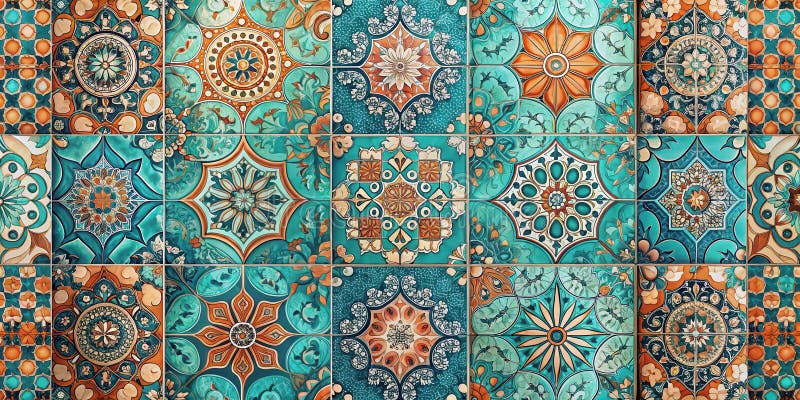 Intricate Teal and Orange Mosaic Tile Pattern a Vibrant Collection of ...