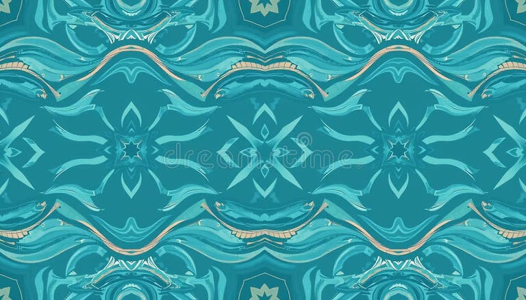 An Intricate Teal Pattern Features Symmetrical, Mirrored Designs Creating a Stock Illustration ...