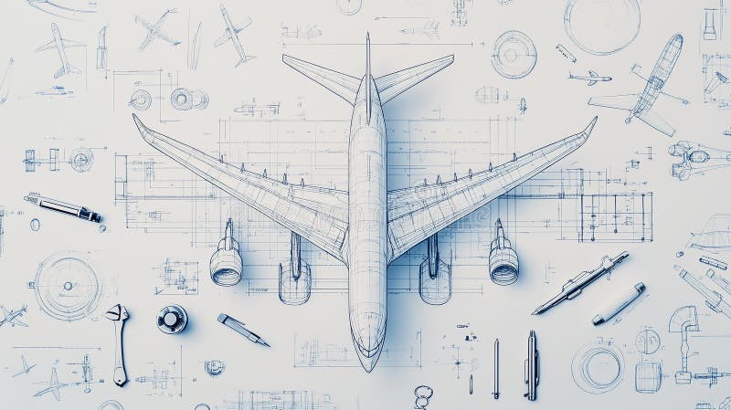 Detailed Airplane Blueprint with Engineering Tools Stock Illustration ...