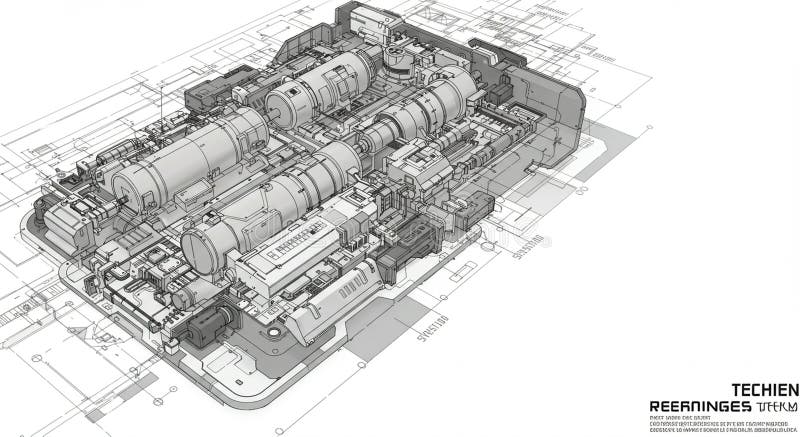 Intricate Technical Blueprint Featuring a Complex Machine with Multiple ...