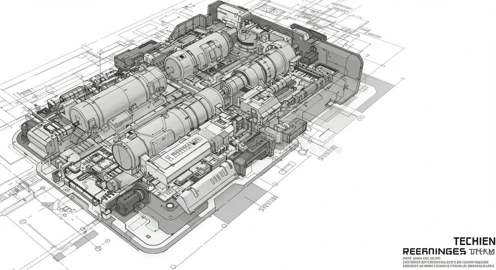 Intricate Technical Blueprint Featuring a Complex Machine with Multiple ...