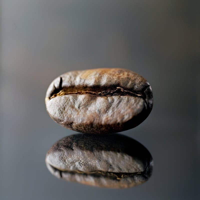 Intricate Textures of a Single Coffee Bean on Reflective Surface Stock ...