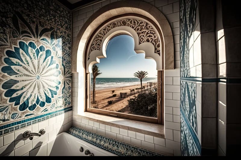 Intricate Tile Work in Bathroom, with Natural Light and Views of the ...