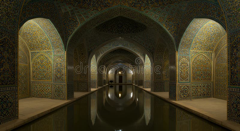 Intricate Tilework and Reflection at Historical Iranian Poolside ...