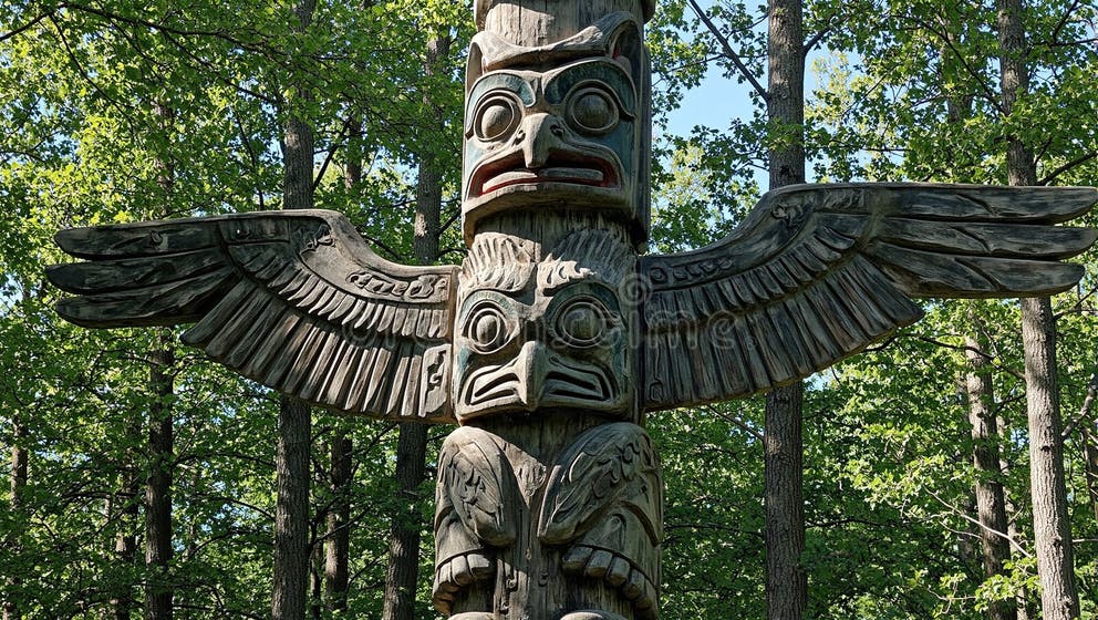 Intricate Totem Pole with Wolves and Eagles in Forest Clearing Stock ...