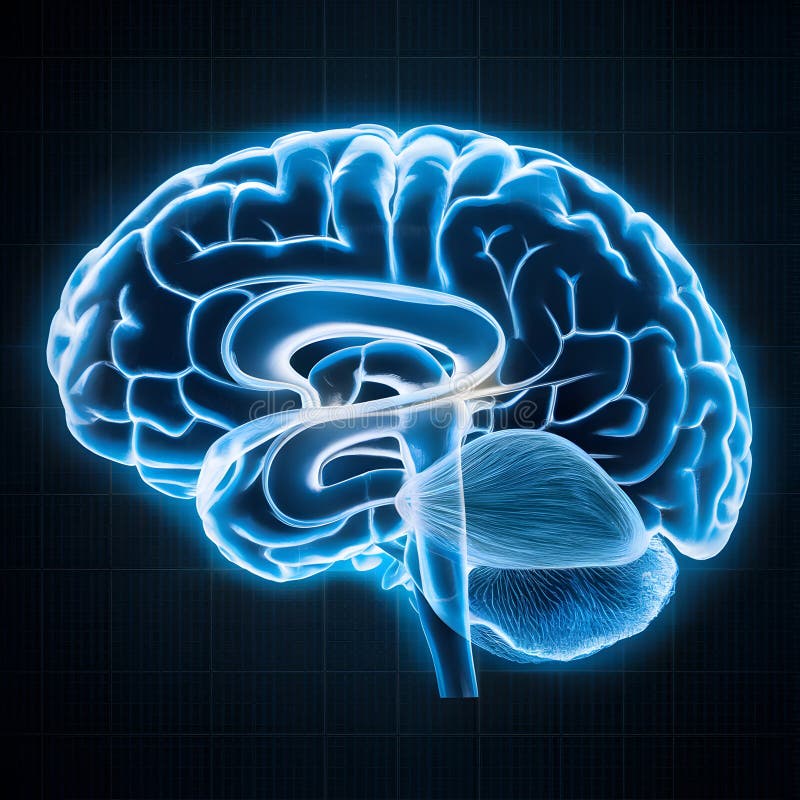 Intricate, Translucent Human Brain Against Grid, Highlighted in Blue ...