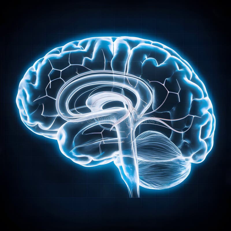 Intricate, Translucent Human Brain Against Grid, Highlighted in Blue ...