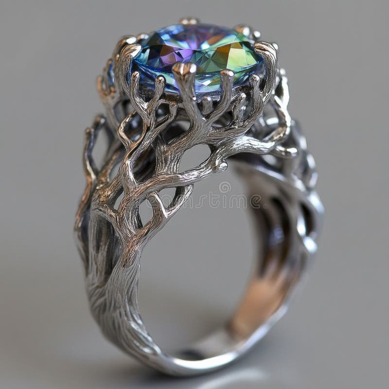 Intricate Tree Branch Ring with Iridescent Gemstone on Silver Band ...