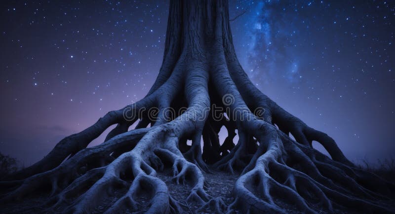 Intricate Tree Roots Frame Dark Moody Night Sky Stock Image - Image of ...