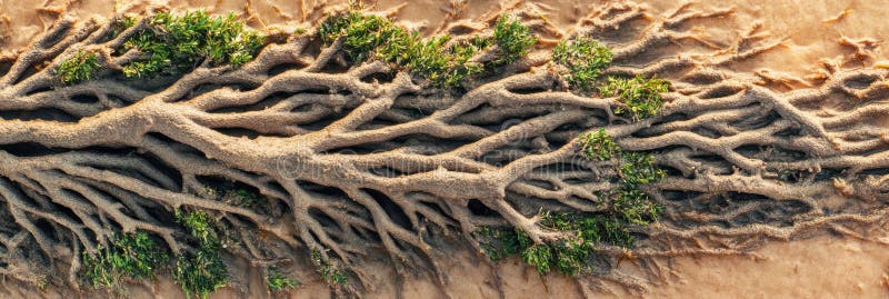 Intricate Tree Roots Spread Across Sandy Landscape with Green Leaves ...