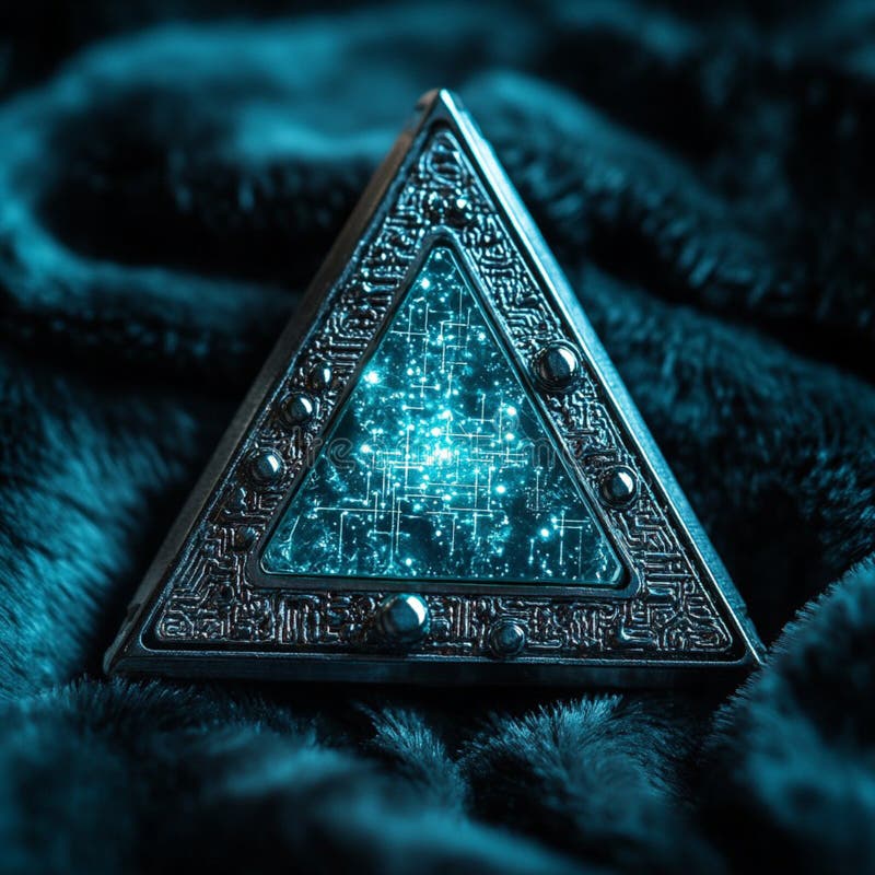 Intricate Triangular Device with Glowing Circuitry Against a Dark ...