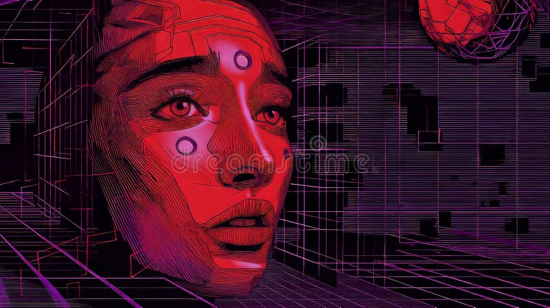 Intricate Vector Art Featuring a Red Digital Face Against a Bold Purple ...