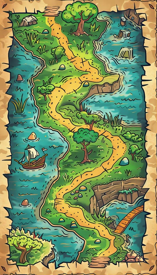 Intricate and Vibrant Treasure Map Illustration Featuring Paths, Trees ...