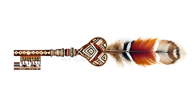 Intricate Vintage Key Design Featuring Tribal Patterns and Feather ...